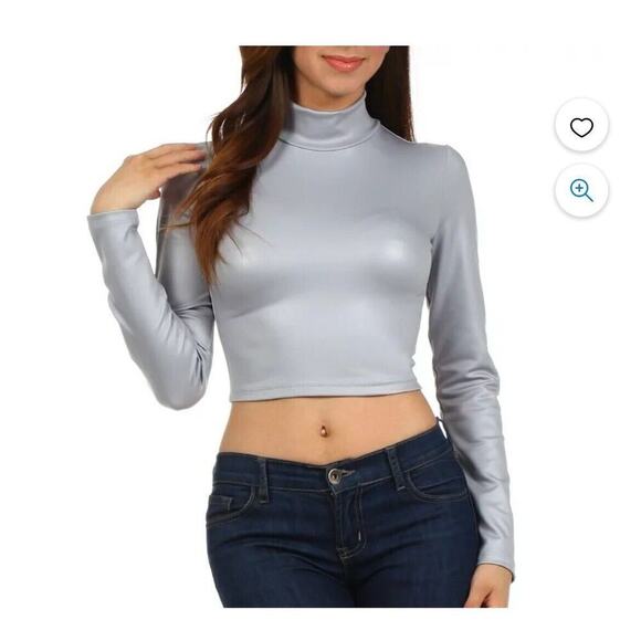 Sakkas | Tops | Sakkas Metallic Liquid Mock Turtleneck Long Sleeve Crop Top Silver Medium | Poshmark